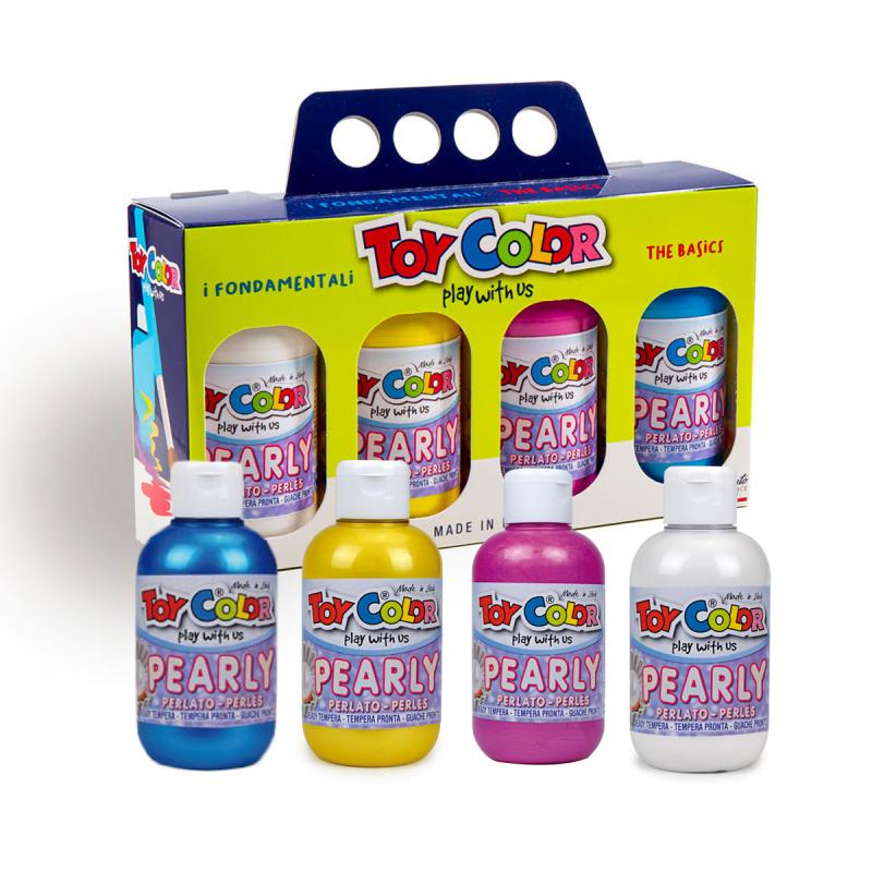 【義大利 TOY COLOR】四色珠光蛋彩兒童顏料組250ML(粉紅/黃/藍/白)|娃娃國幼教用品社