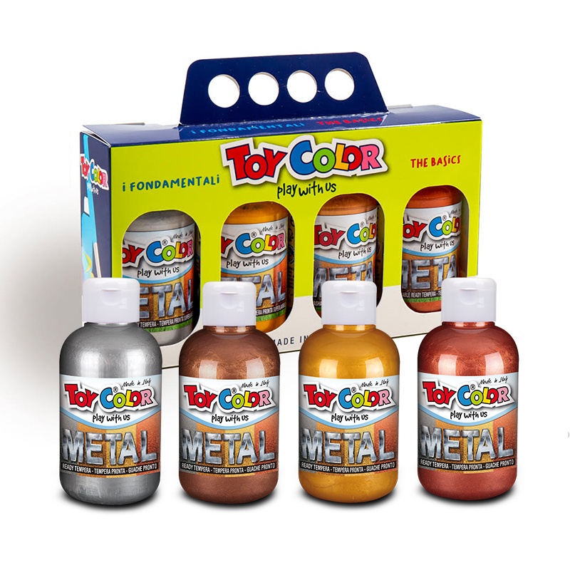 【義大利 TOY COLOR】四色金屬蛋彩兒童顏料組250ML(金/銀/黃銅/紅銅)|娃娃國幼教用品社